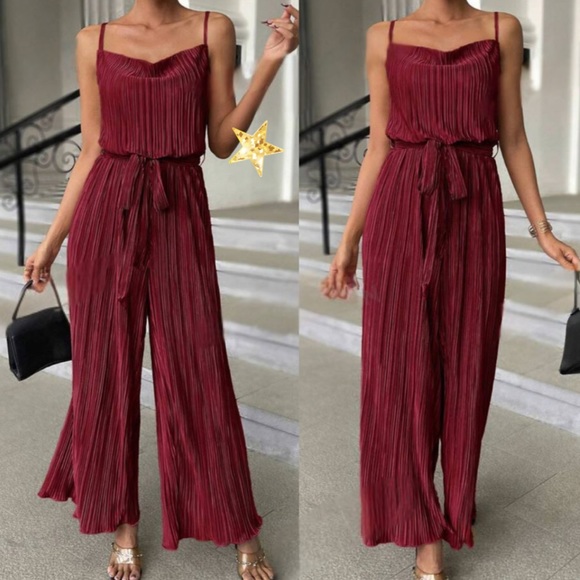 Pants & Jumpsuits | Luxe Olive Green Pleated Belted Wide Leg Cami Jumpsuit | Poshmark